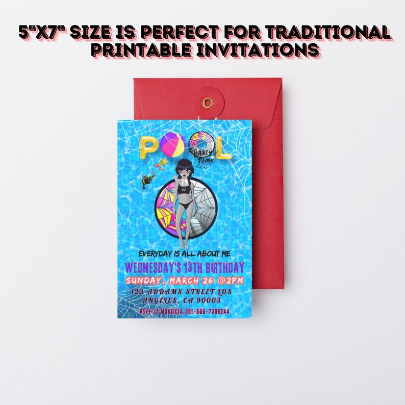 Wednesday Pool Party Birthday Invitation Printable & Mobile Evite Set ...