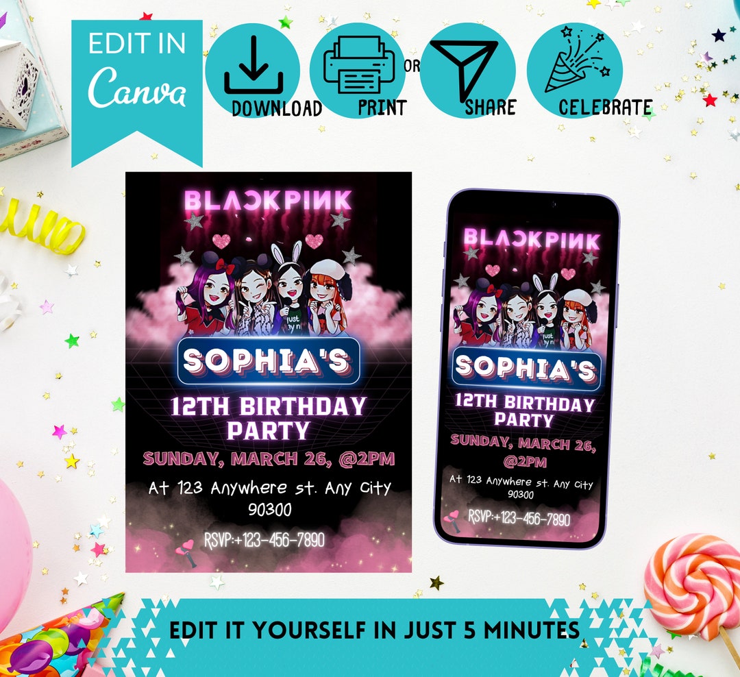 Black Pink Inspired K-pop Birthday Invitation & Mobile Evite Set ...
