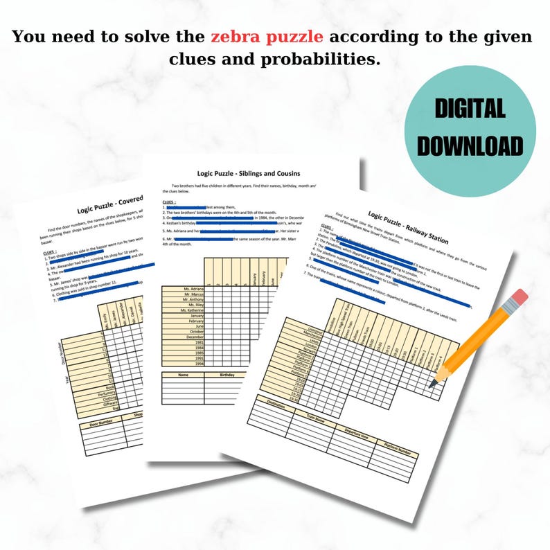 Printable Logic Grid Puzzles: Brain Teaser Game (digital Download A4 ...