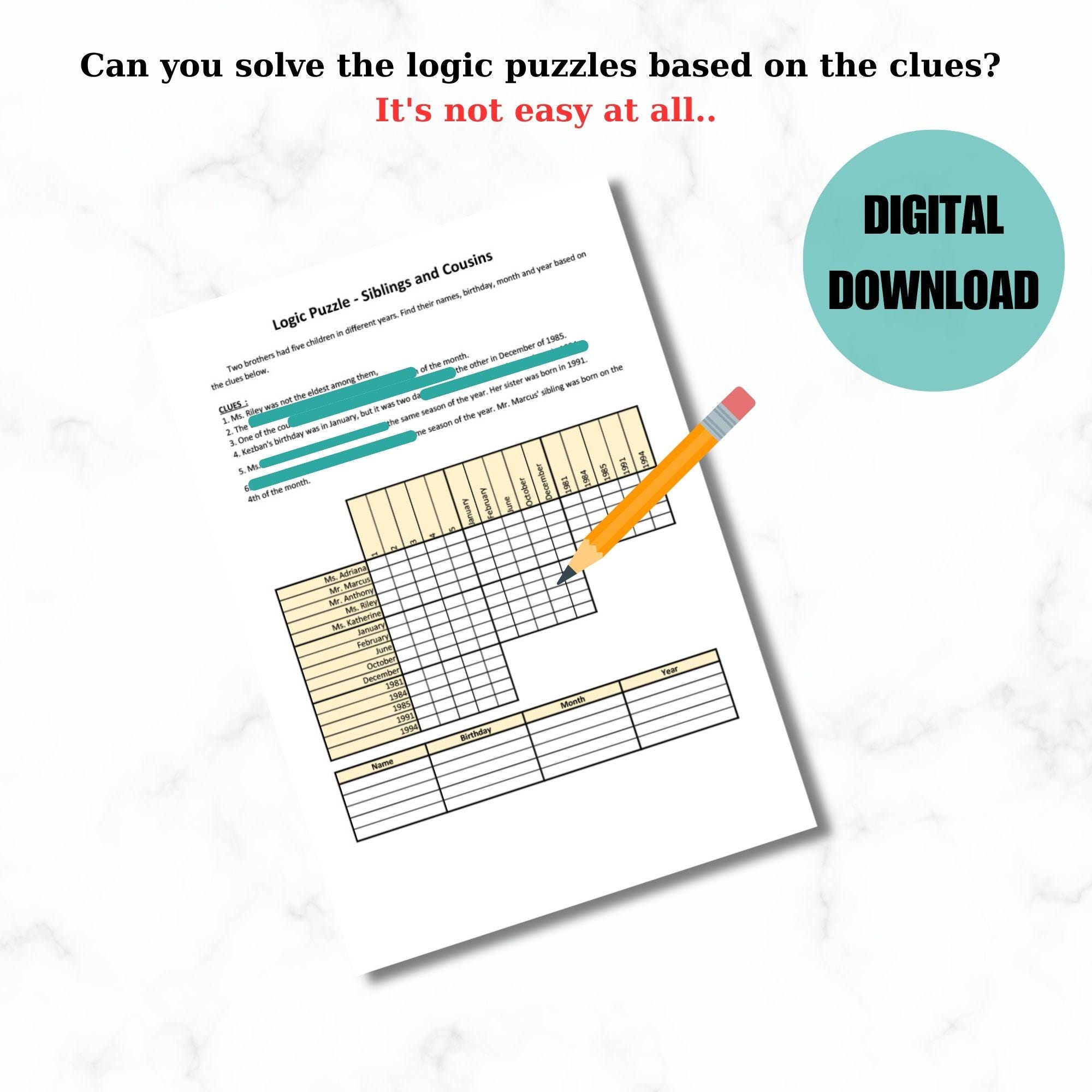 Printable Logic Grid Puzzles: Brain Teaser Game (digital Download A4 ...