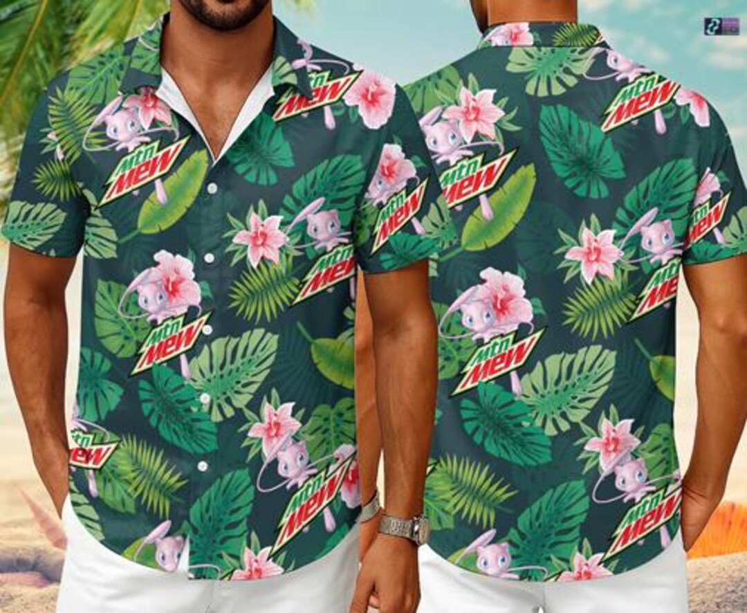 Mtn Mew Hawaiian Shirt, Funny Pink Cat Soda Parody Shirt, Tropical ...