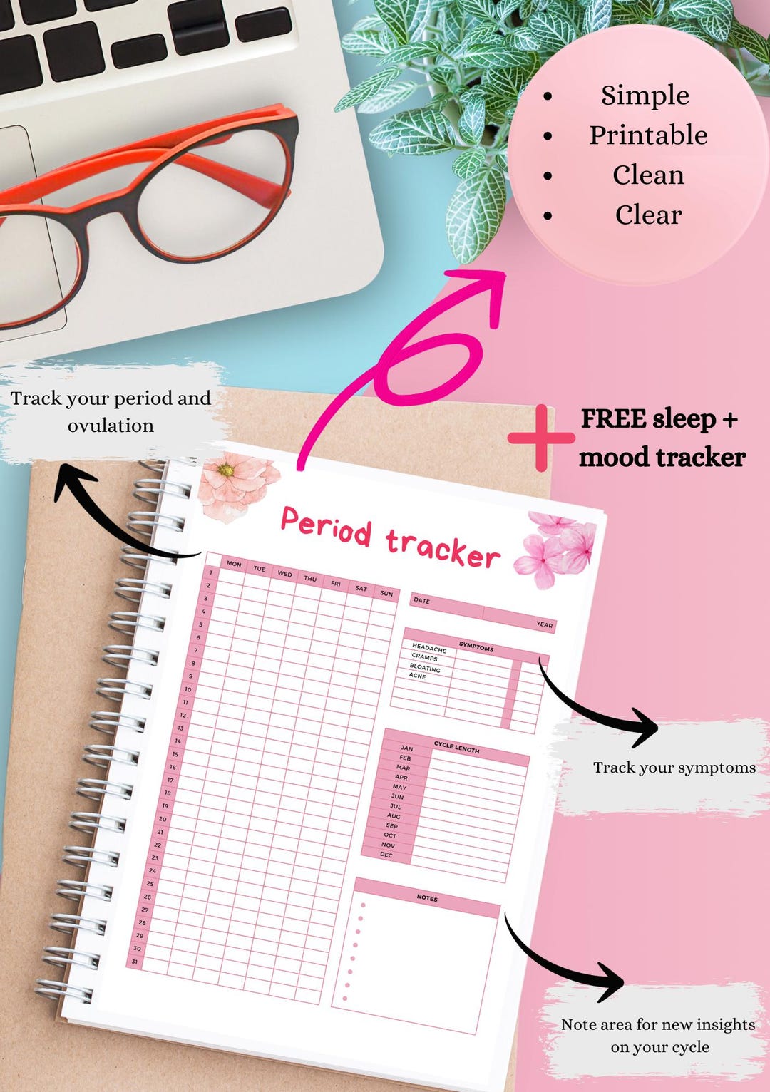 Printable Period Tracker Journal, Symptom Tracker, Mood Tracker, Sleep ...