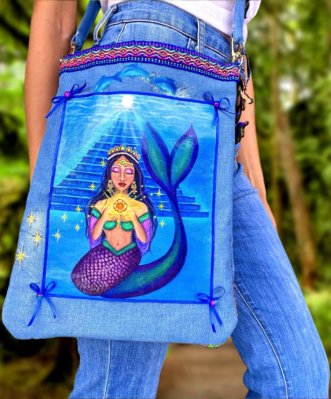 Hand-painted Mermaid Goddess Purse, Inca Bag, Chakana Art and Boho Trim ...