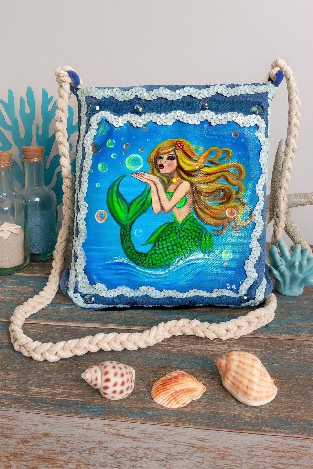 Denim Purse for Mermaids, Hand-painted Ocean Artisan Bag - Etsy
