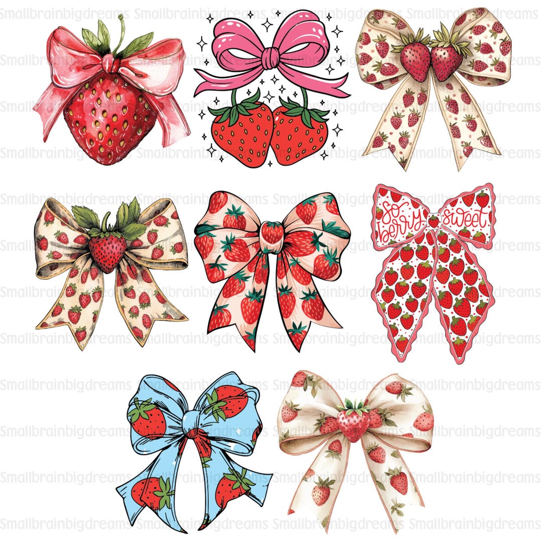 Retro Strawberry Bow PNG Bundle, Pink Bow Strawberries PNG, Coquette ...