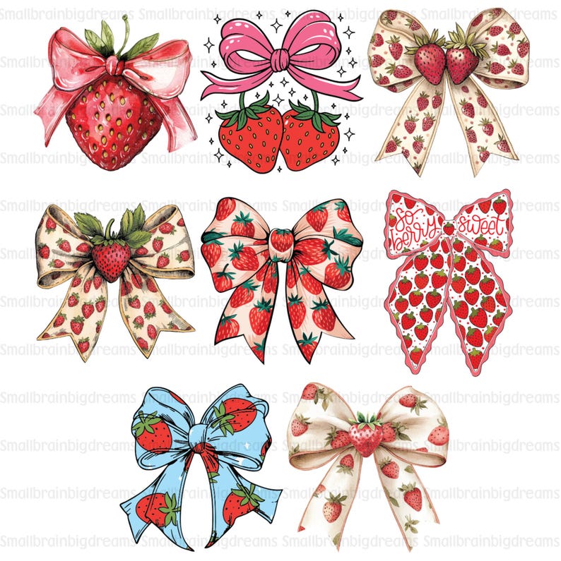 Retro Strawberry Bow PNG Bundle, Pink Bow Strawberries PNG, Coquette ...