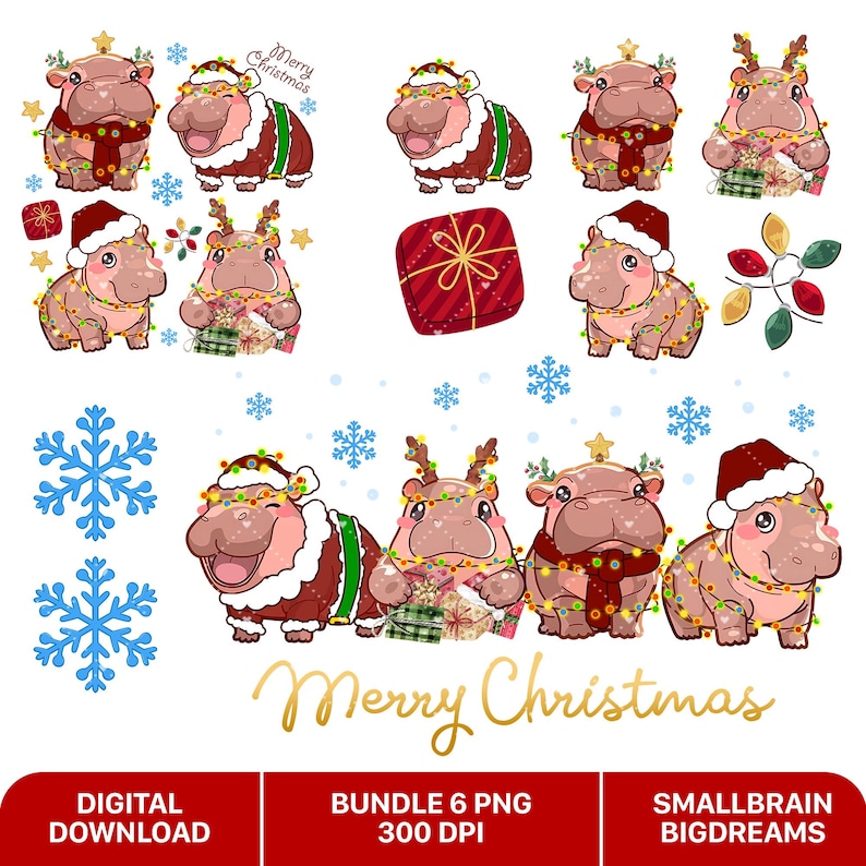 Moo Deng Christmas Bundle PNG, Baby Pygmy Hippo Moo Deng Digital ...