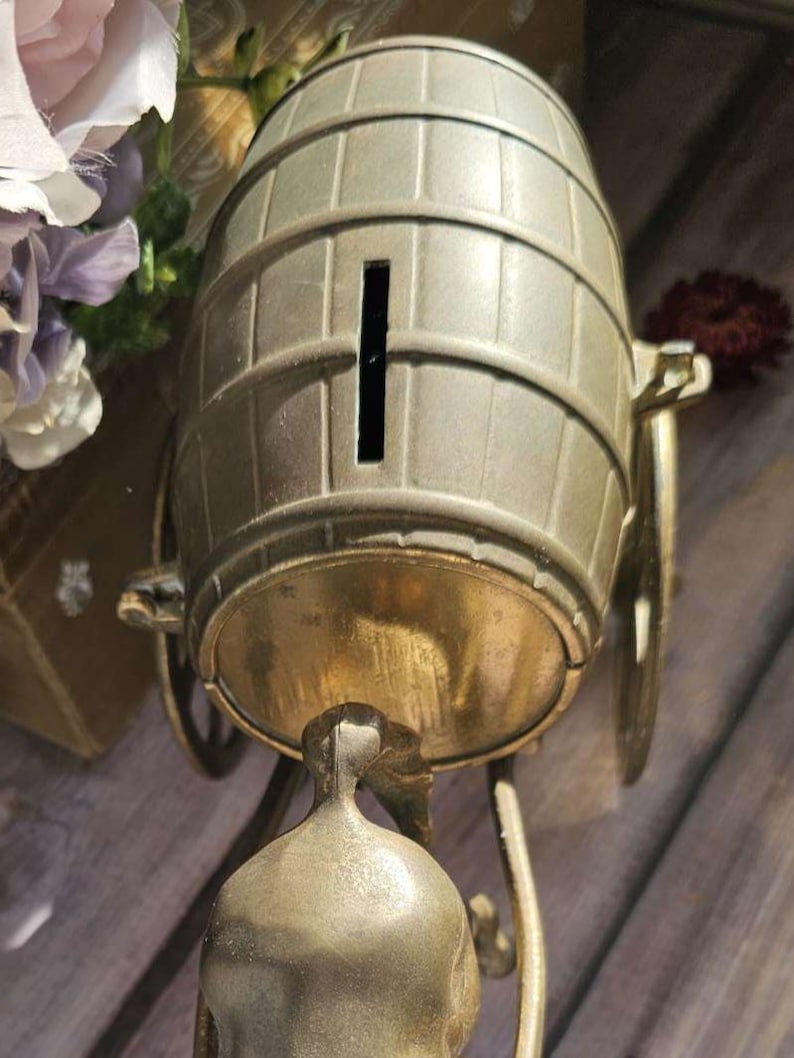 GORGEOUS & UNIQUE Vintage Brass Horse and Barrel MONEY Bank / Beer Keg ...