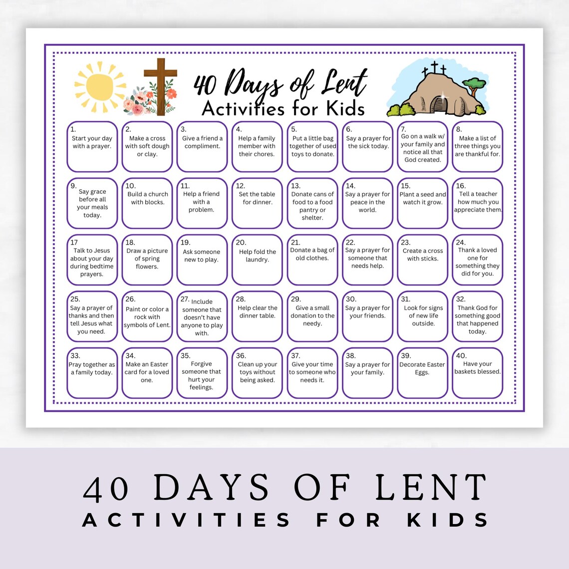 40 Days of Lent Countdown Calendar, Kids Lenten Activities, Christian ...