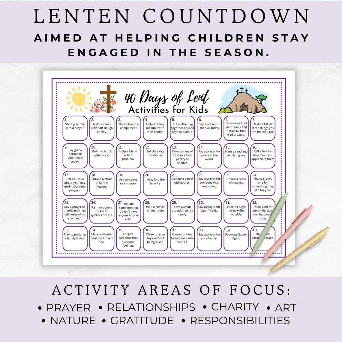 40 Days of Lent Countdown Calendar, Kids Lenten Activities, Christian ...