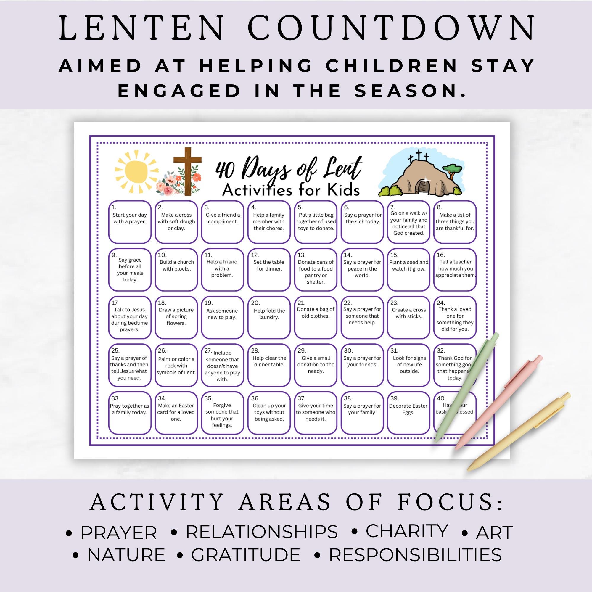 40 Days of Lent Countdown Calendar, Kids Lenten Activities, Christian ...