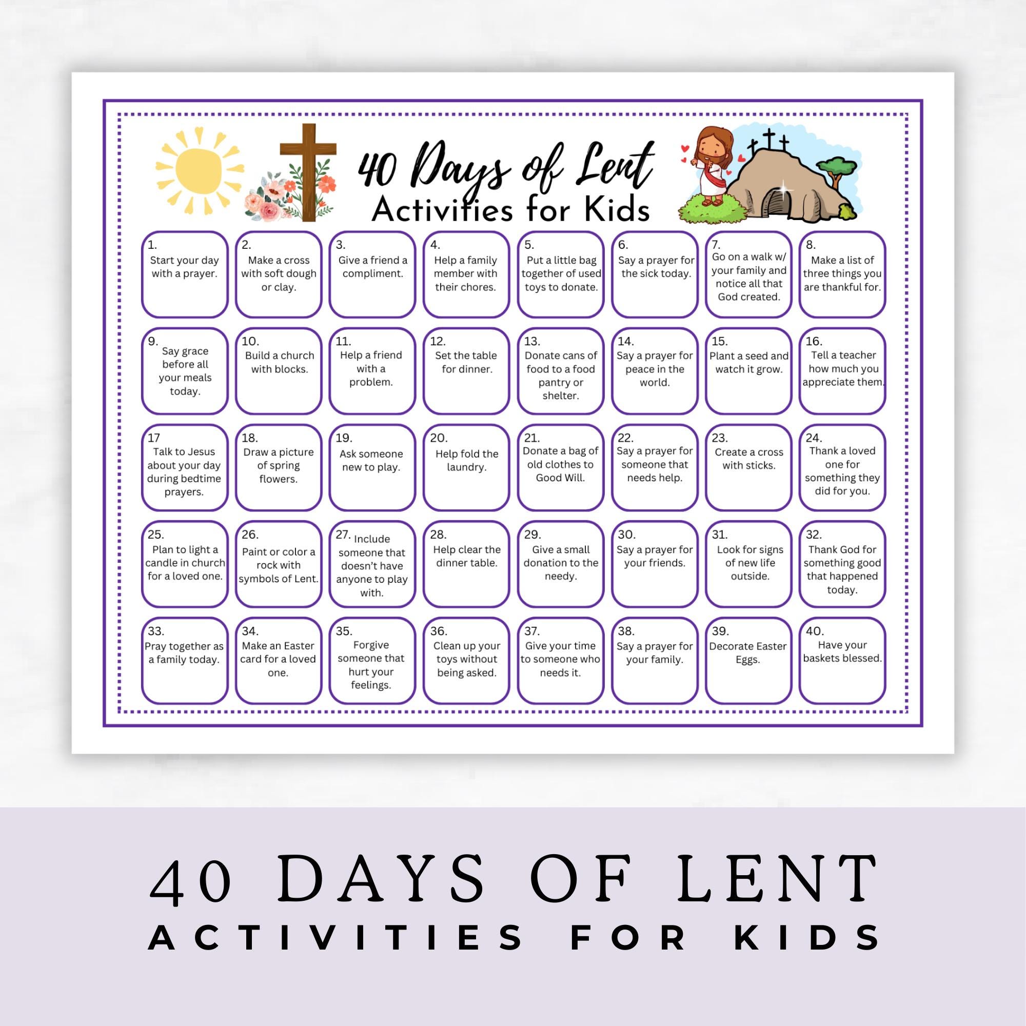 40 Days of Lent Countdown Calendar, Kids Lenten Activities, Christian ...
