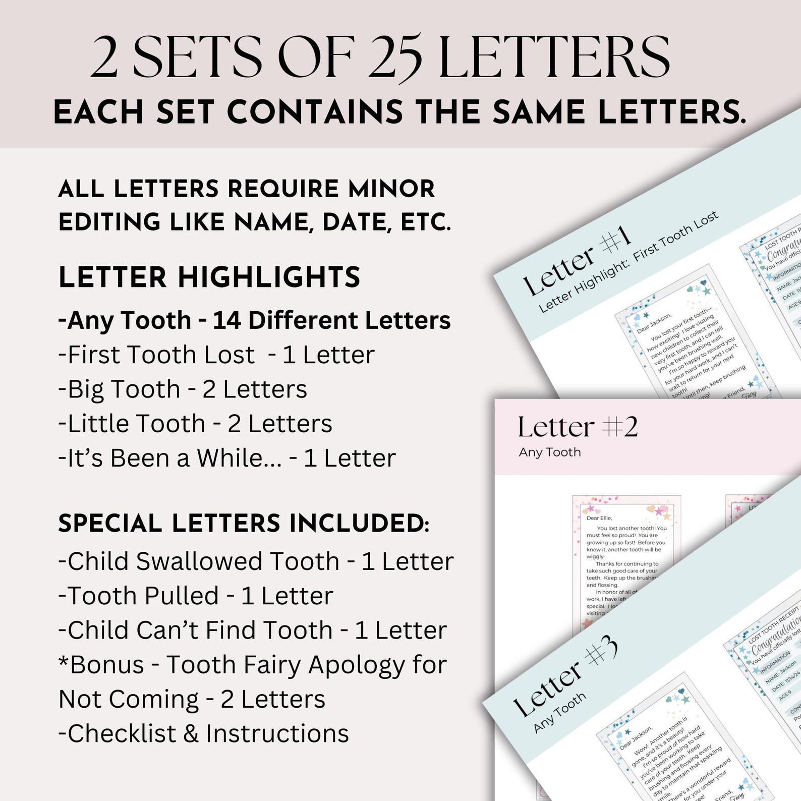 Editable Tooth Fairy Letters, Mini Tooth Fairy Set, Pink Notes With ...