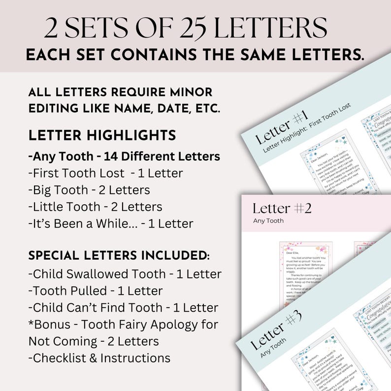 Editable Tooth Fairy Letters, Mini Tooth Fairy Set, Pink Notes With ...