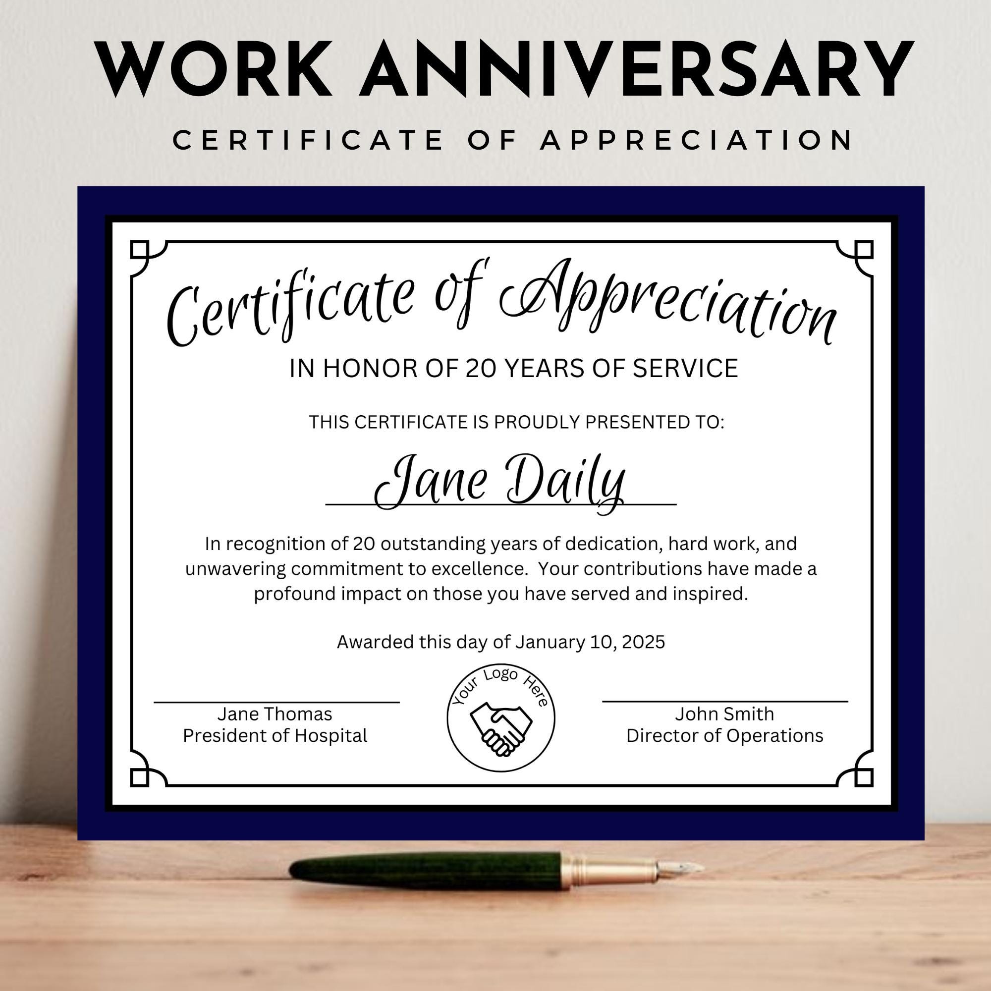 Work Anniversary Certificate, Editable Years of Service Template ...