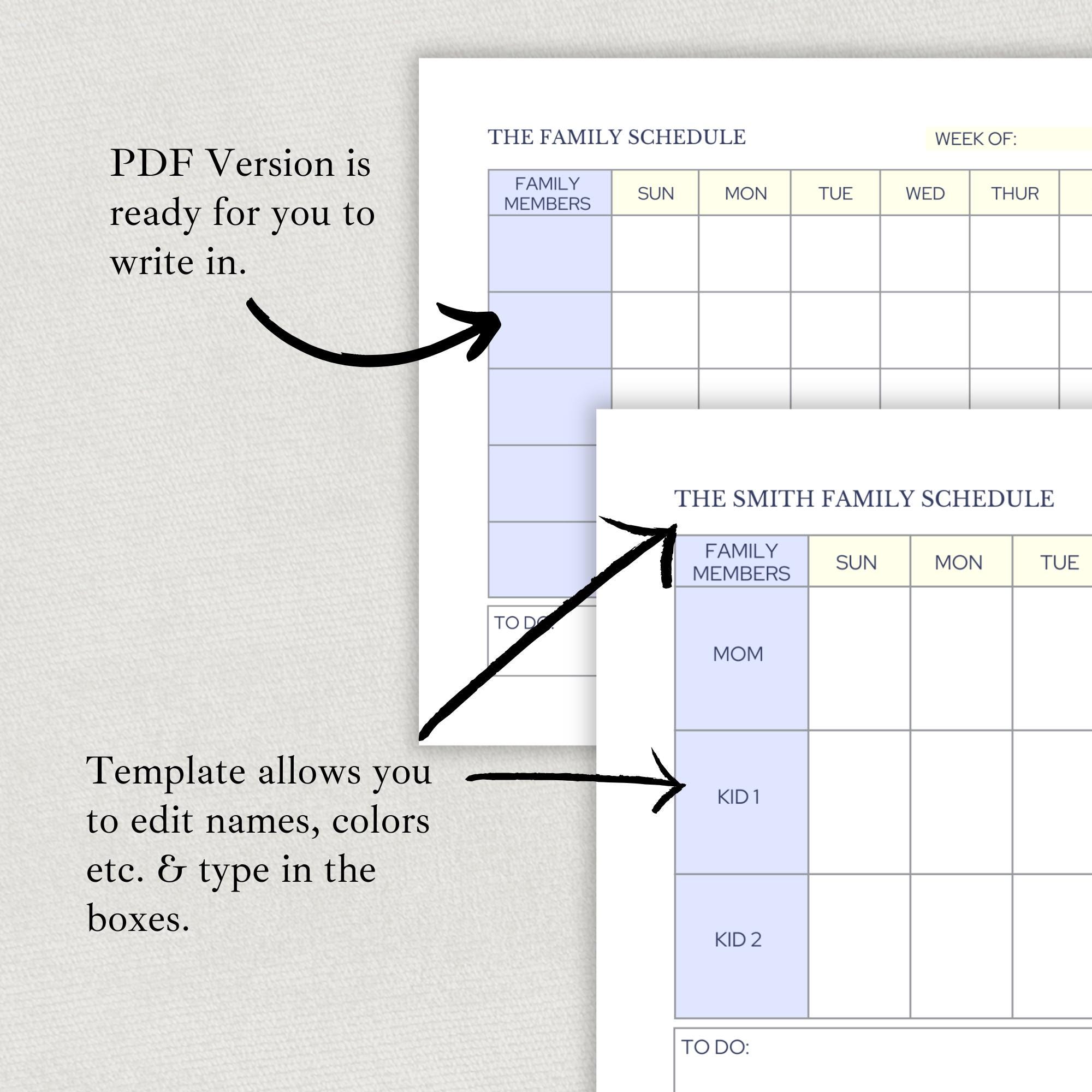 Weekly Family Schedule, Editable Family Calendar, Printable Family ...
