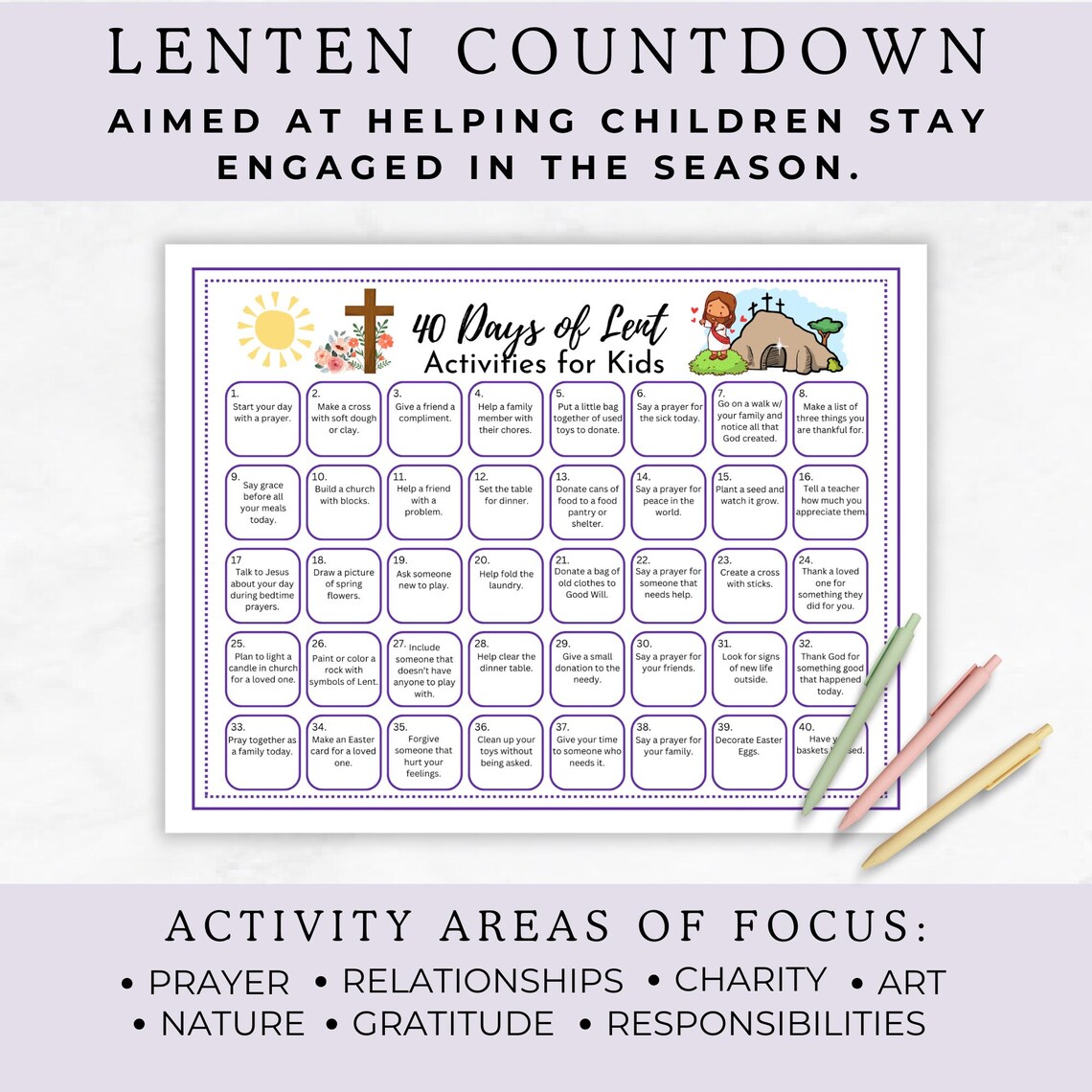 40 Days of Lent Countdown Calendar, Kids Lenten Activities, Christian ...