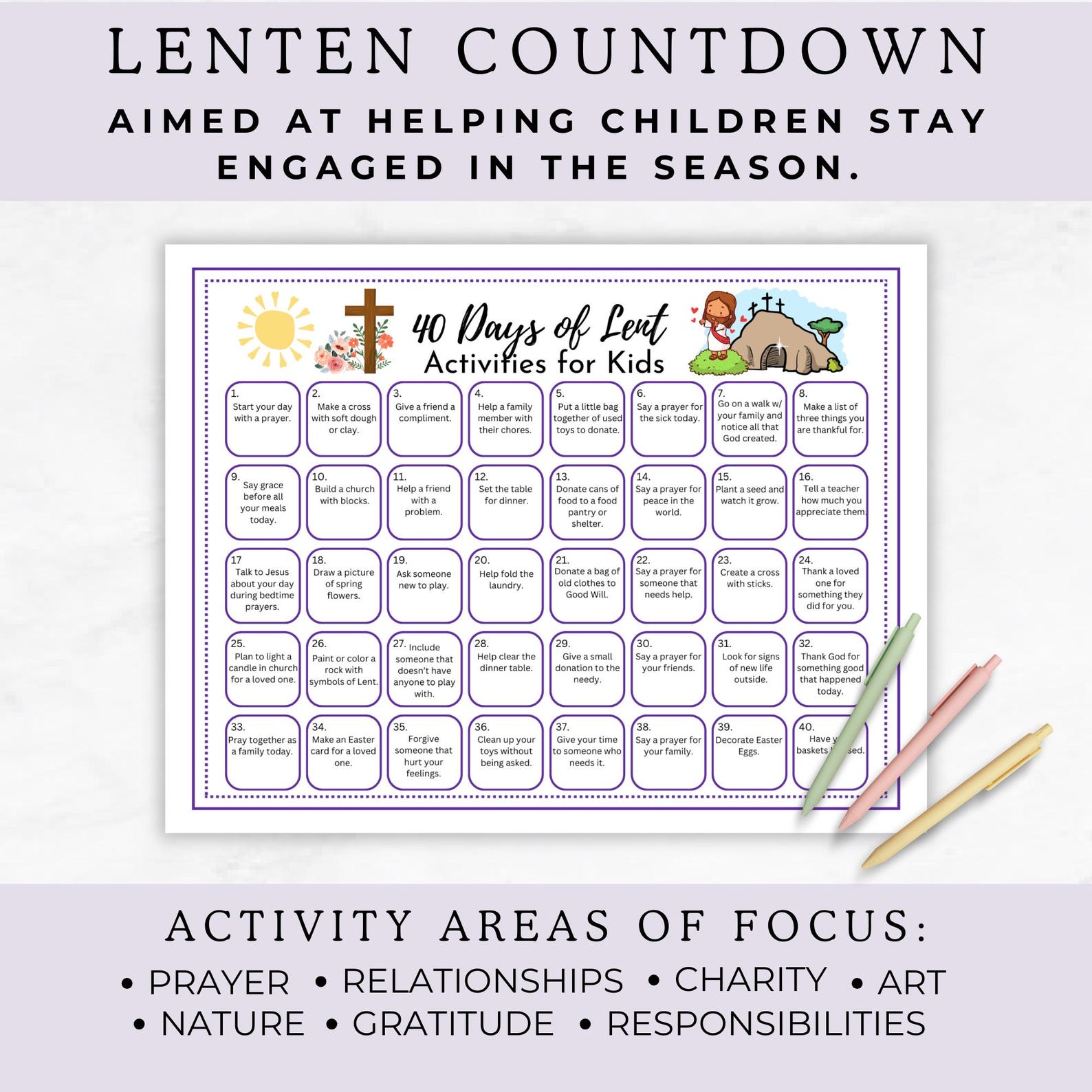 40 Days of Lent Countdown Calendar, Kids Lenten Activities, Christian ...