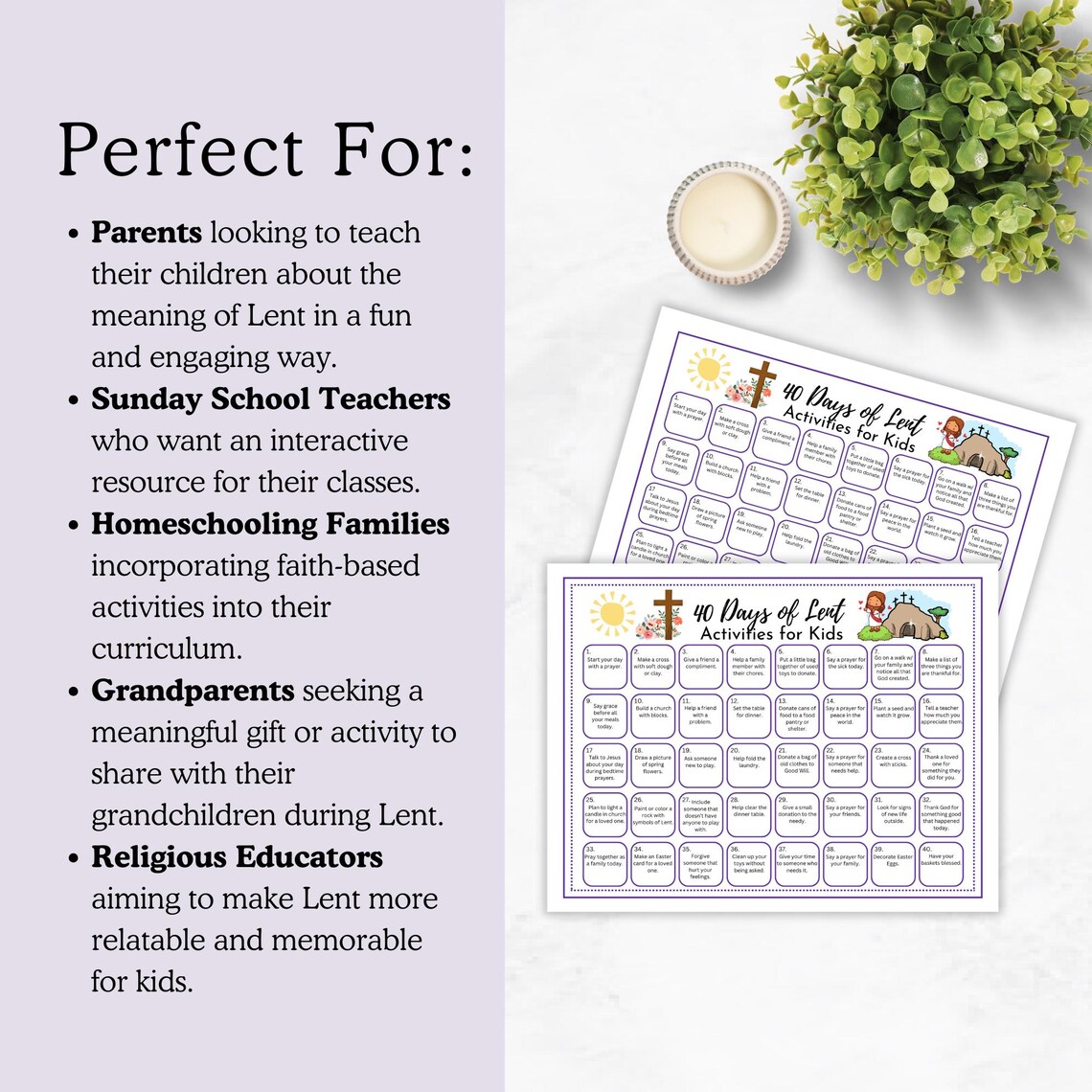 40 Days of Lent Countdown Calendar, Kids Lenten Activities, Christian ...