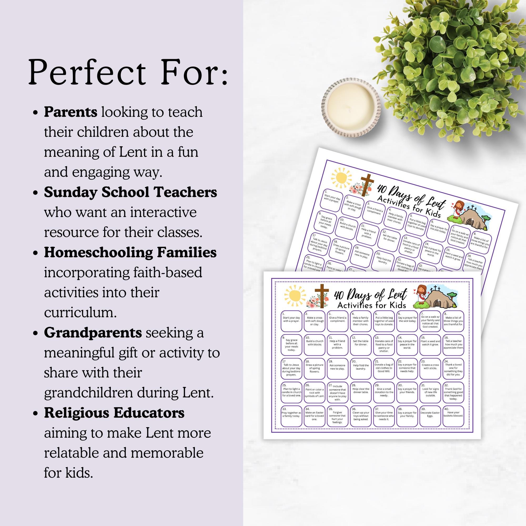 40 Days of Lent Countdown Calendar, Kids Lenten Activities, Christian ...