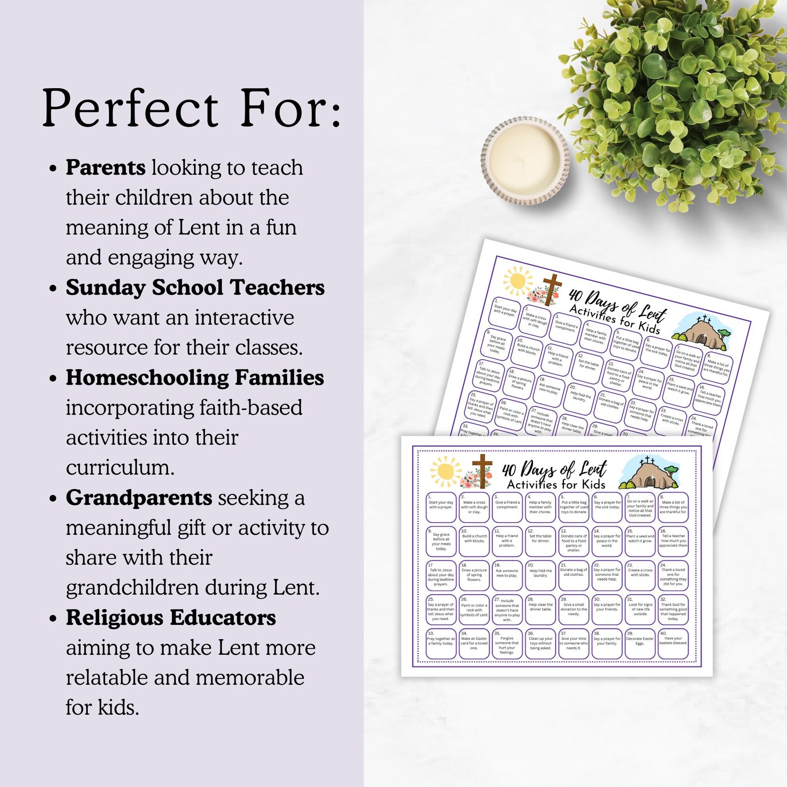 40 Days of Lent Countdown Calendar, Kids Lenten Activities, Christian ...