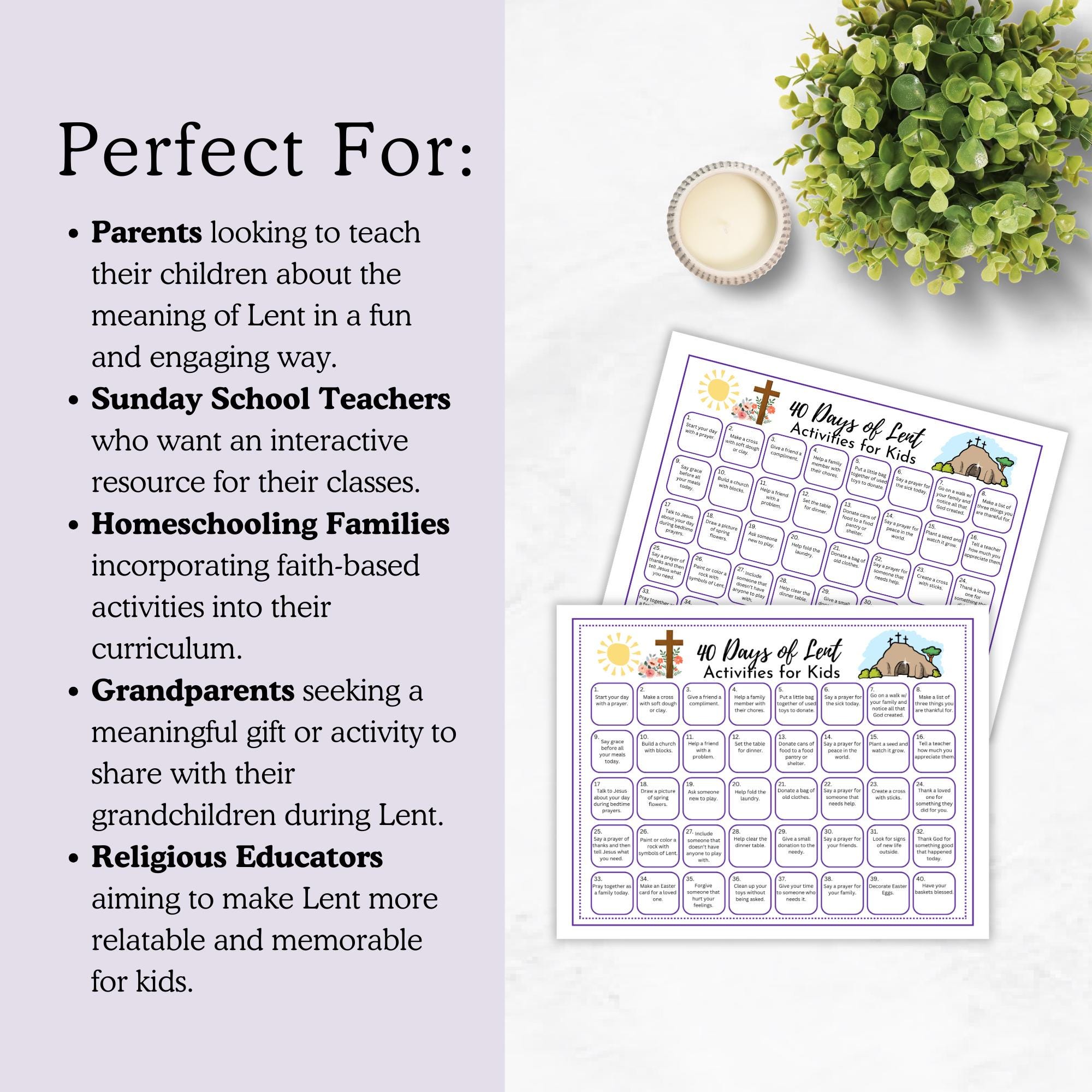 40 Days of Lent Countdown Calendar, Kids Lenten Activities, Christian ...