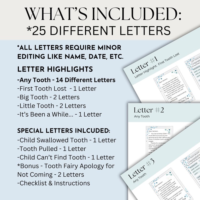 Editable Tooth Fairy Letters, Mini Tooth Fairy Set, Blue Notes With ...