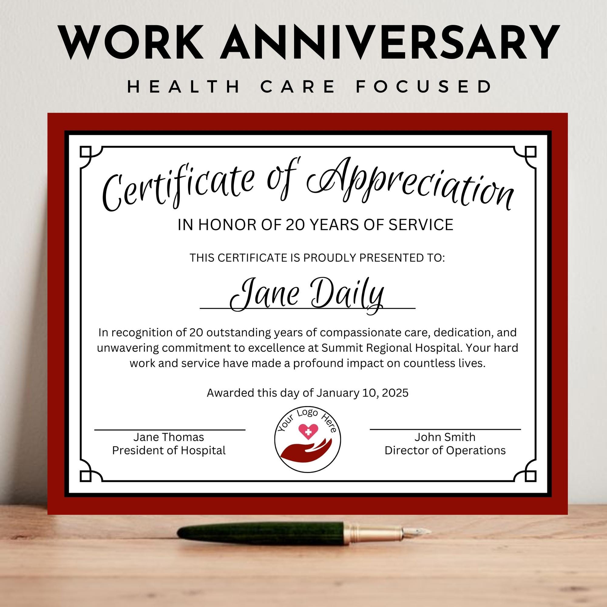 Work Anniversary Certificate, Editable Years of Service Template ...