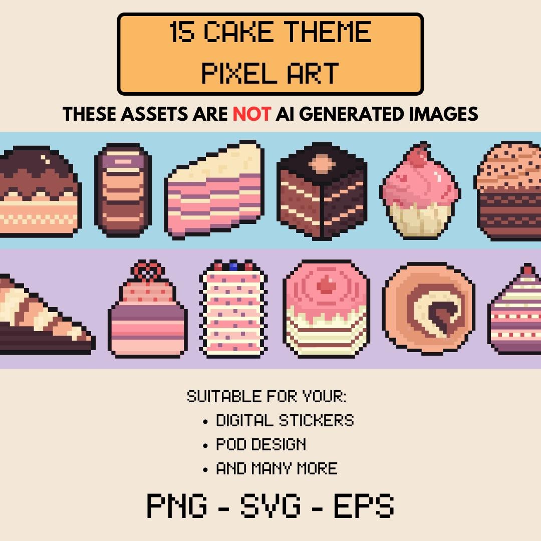 Hand Drawn Cake Pixel Art: Digital Stickers, Clipart (PNG, SVG, EPS) - Etsy