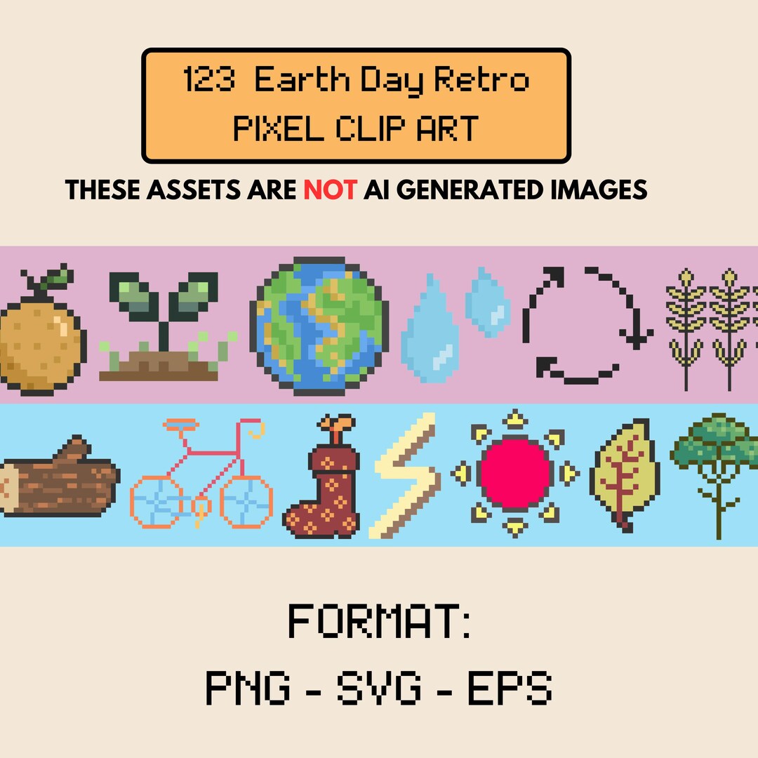 Earth Day Retro Elements Pixel Art Clip Art, Digital Stickers (EPS, SVG ...