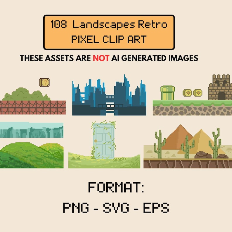 Landscape Elements Pixel Art Clip Art, Digital Stickers (EPS, SVG, PNG ...