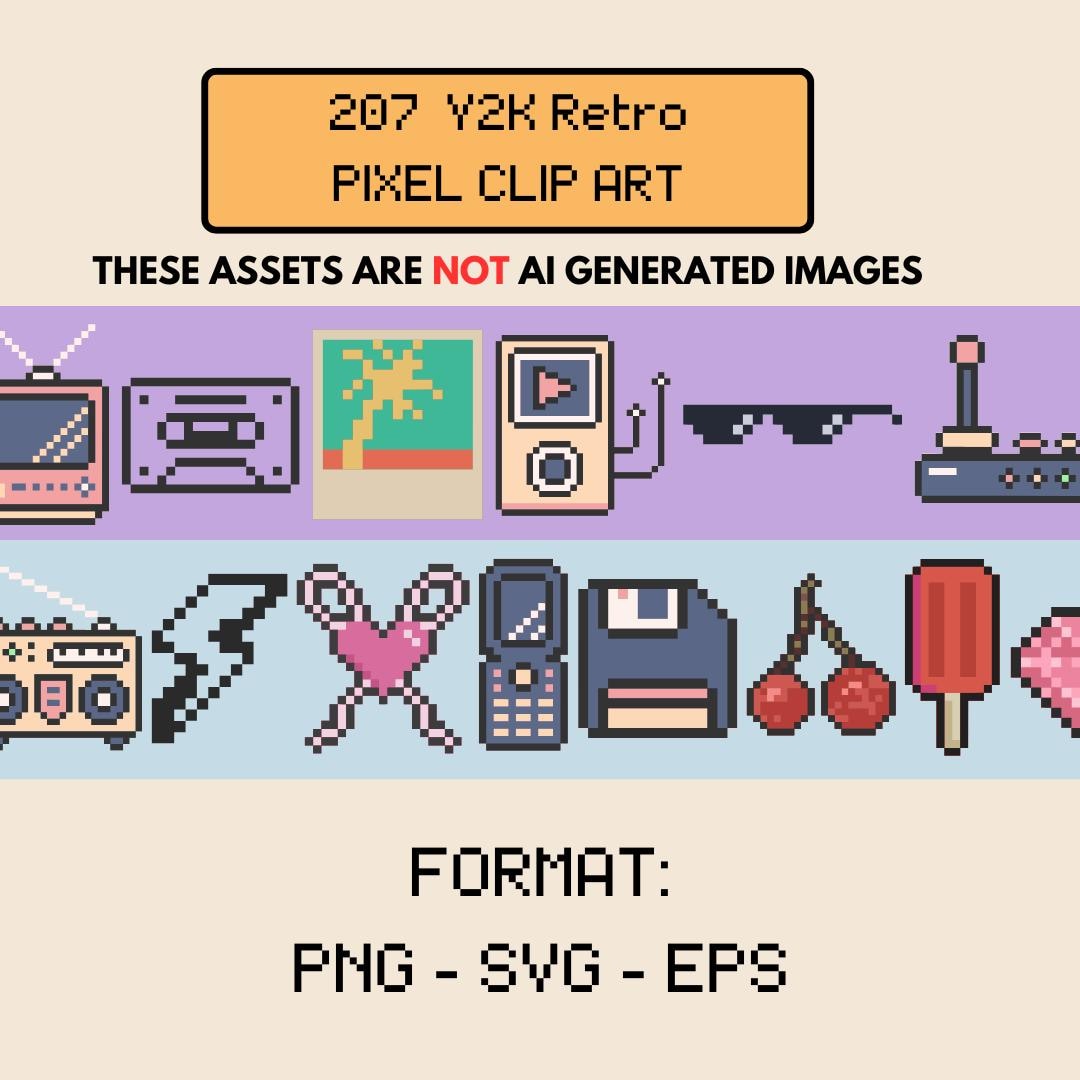 Y2K Retro Elements Pixel Art Clip Art, Digital Stickers (EPS, SVG, PNG ...