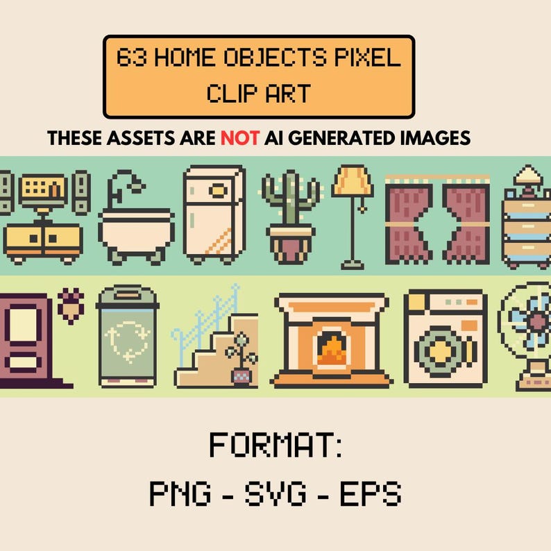 No AI, Hand Drawn Cute Pixel Art | Home Objects Theme Pixel Art ...