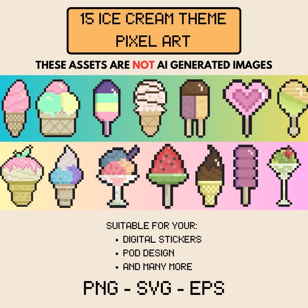 Cute Pixel Art Ice Cream Theme Pixel Art Digital Stickers Print on ...