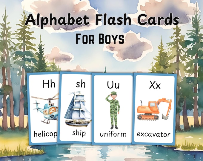 Printable Alphabet Flashcards for Boys| Watercolor Alphabet Flashcards ...