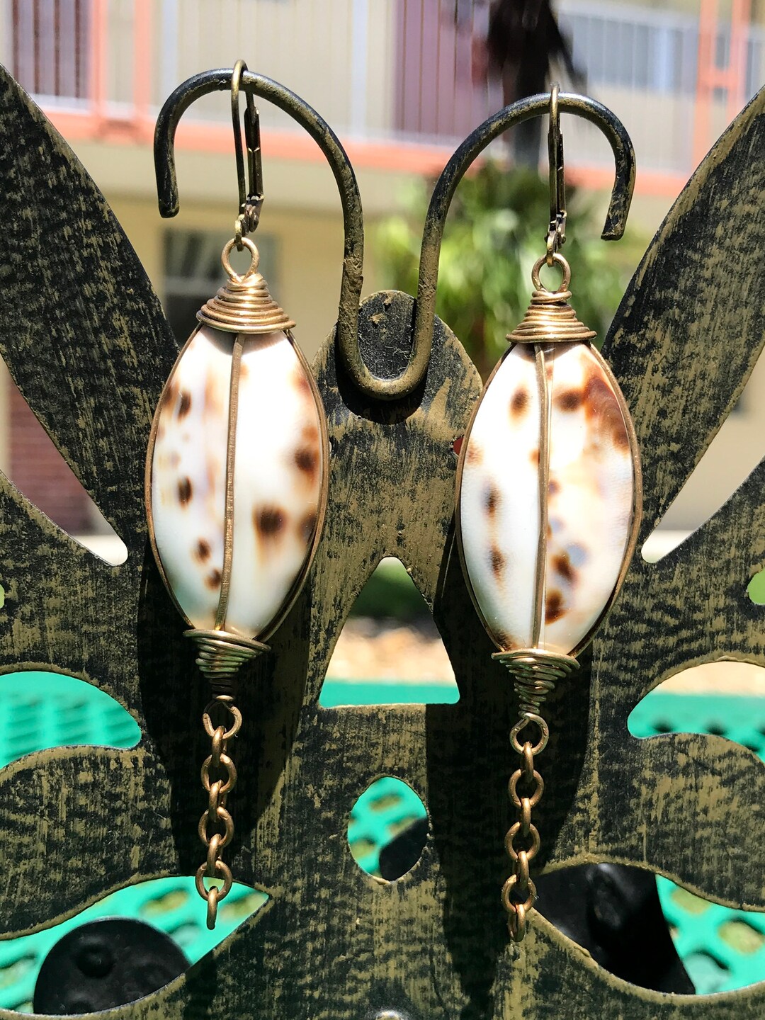 Spotted Cowrie Shell Earrings With Tiger Cowry Shells Wrapped in Brass ...