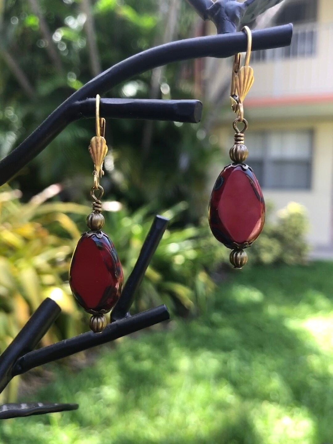 A Pop of Red Cute Teardrop Shaped Art Glass Earrings With Brass Accents ...