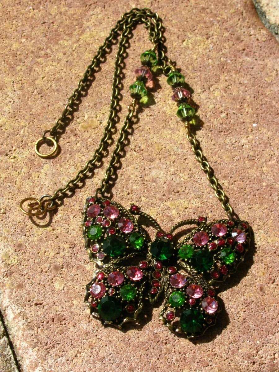 Pink and Green Rhinestone Butterfly Necklace With Brass Chain - Etsy