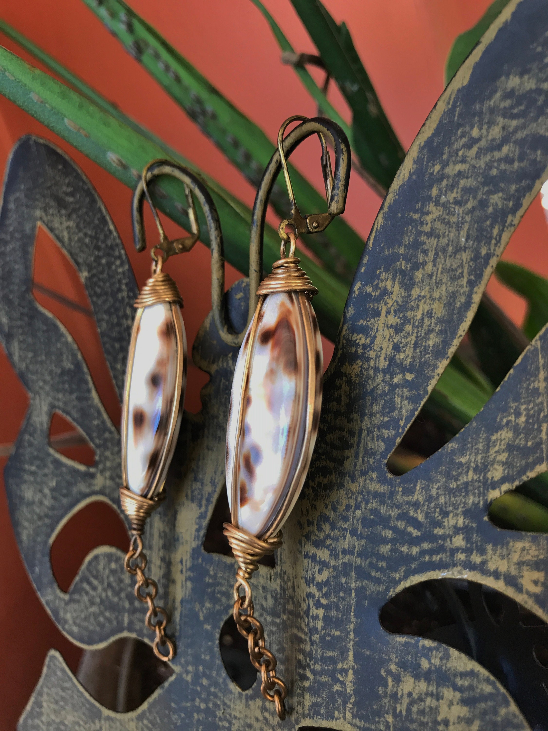 Spotted Cowrie Shell Earrings With Tiger Cowry Shells Wrapped in Brass ...