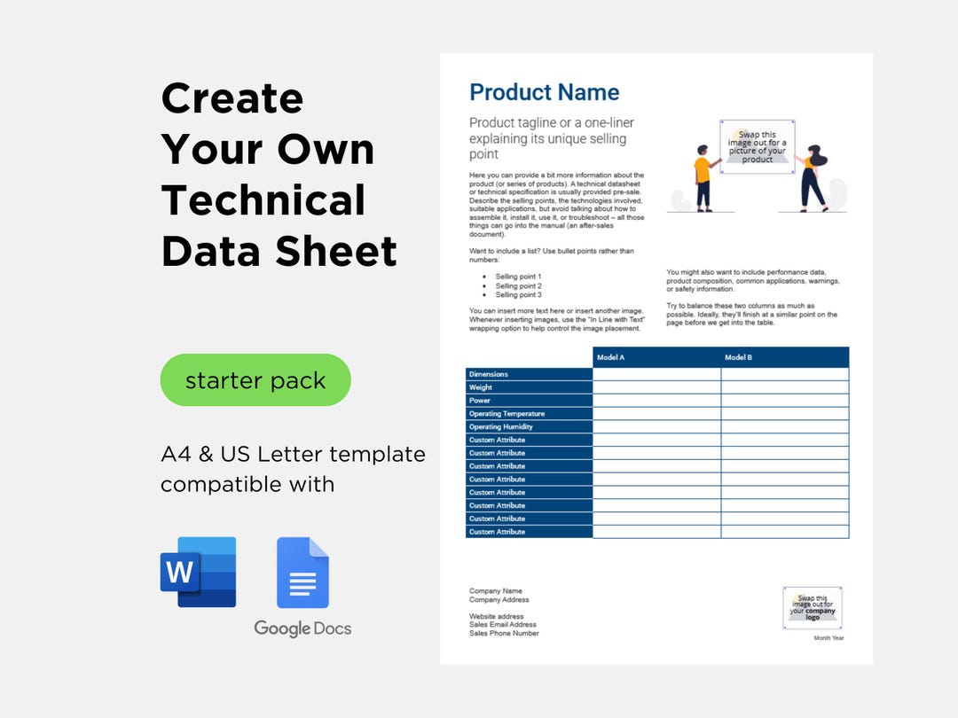 Simple Technical Data Sheet Template | A4 & US Letter | Compatible With ...