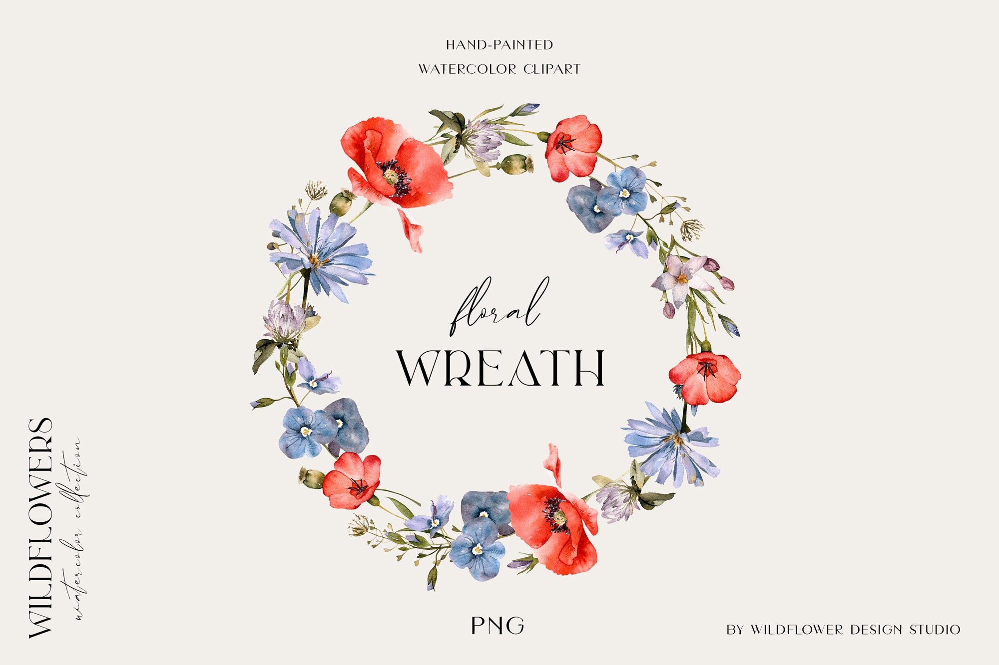 Watercolor Wildflower Wreath Clipart Png Red and Blue Floral Frame for ...