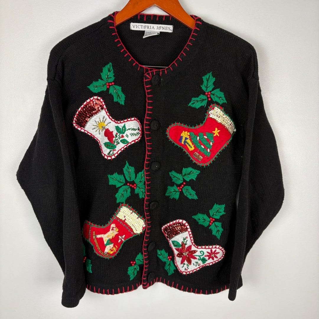 Victoria Jones Black Christmas Stocking Ugly Sweater Cardigan Size S - Etsy