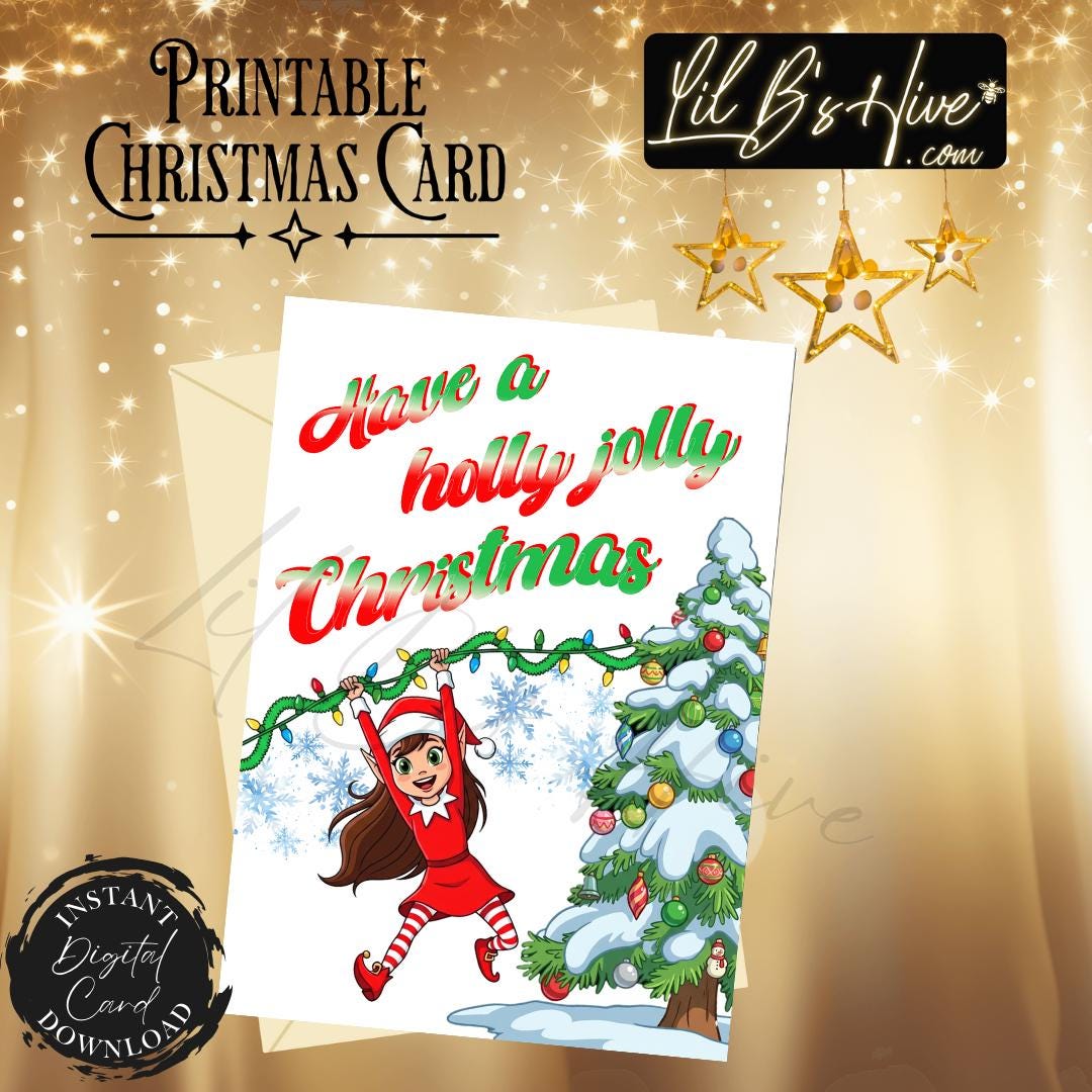 Holly Jolly Elf Christmas Printable Greeting Card | Digital Instant ...