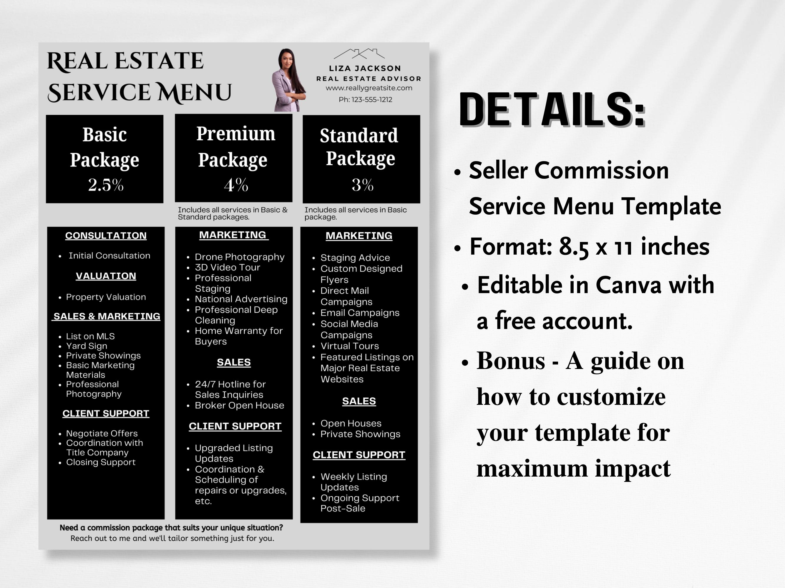 Real Estate Agent Service Menu Template Tailored Commission Options ...