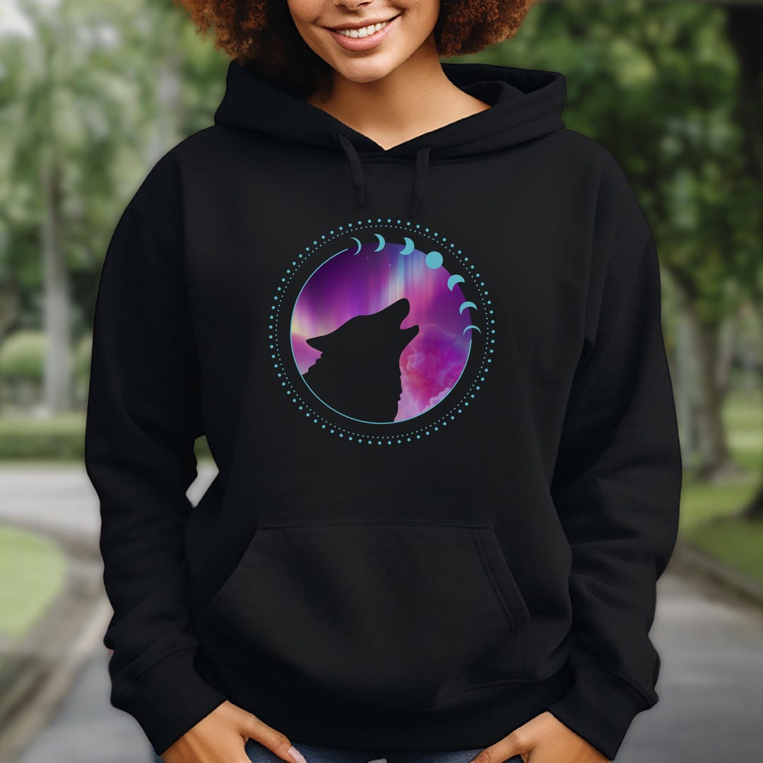 Y2K Howling Wolf Hoodie Neon Pink and Teal Aurora Borealis With Phases ...