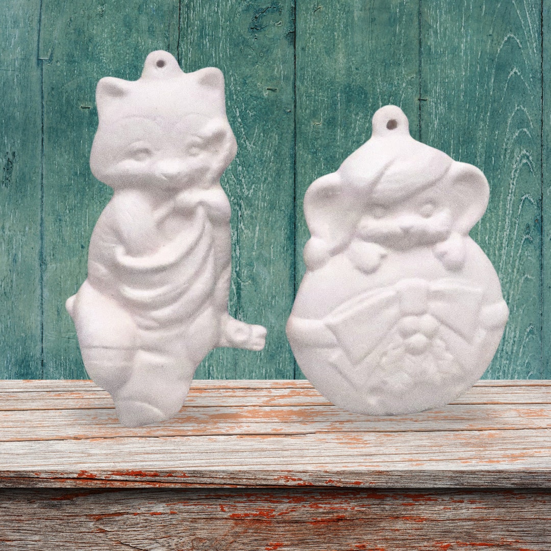 Handmade Ready to Paint Ceramic Cat and Mouse Ornaments, Paintable ...