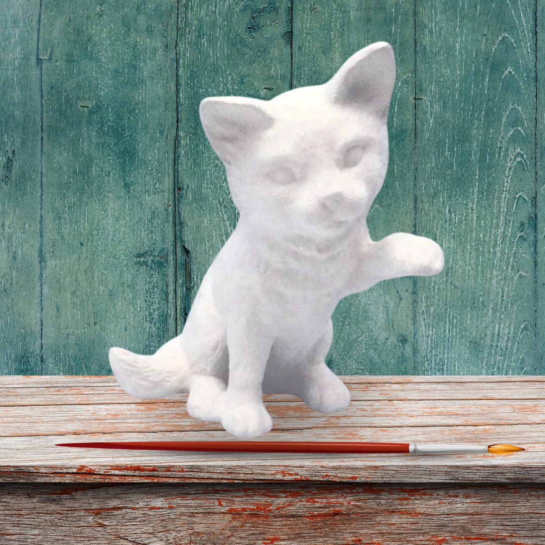 Ceramic Kitty With Paw up Figurine, Handmade Unpainted Ceramic Cat ...