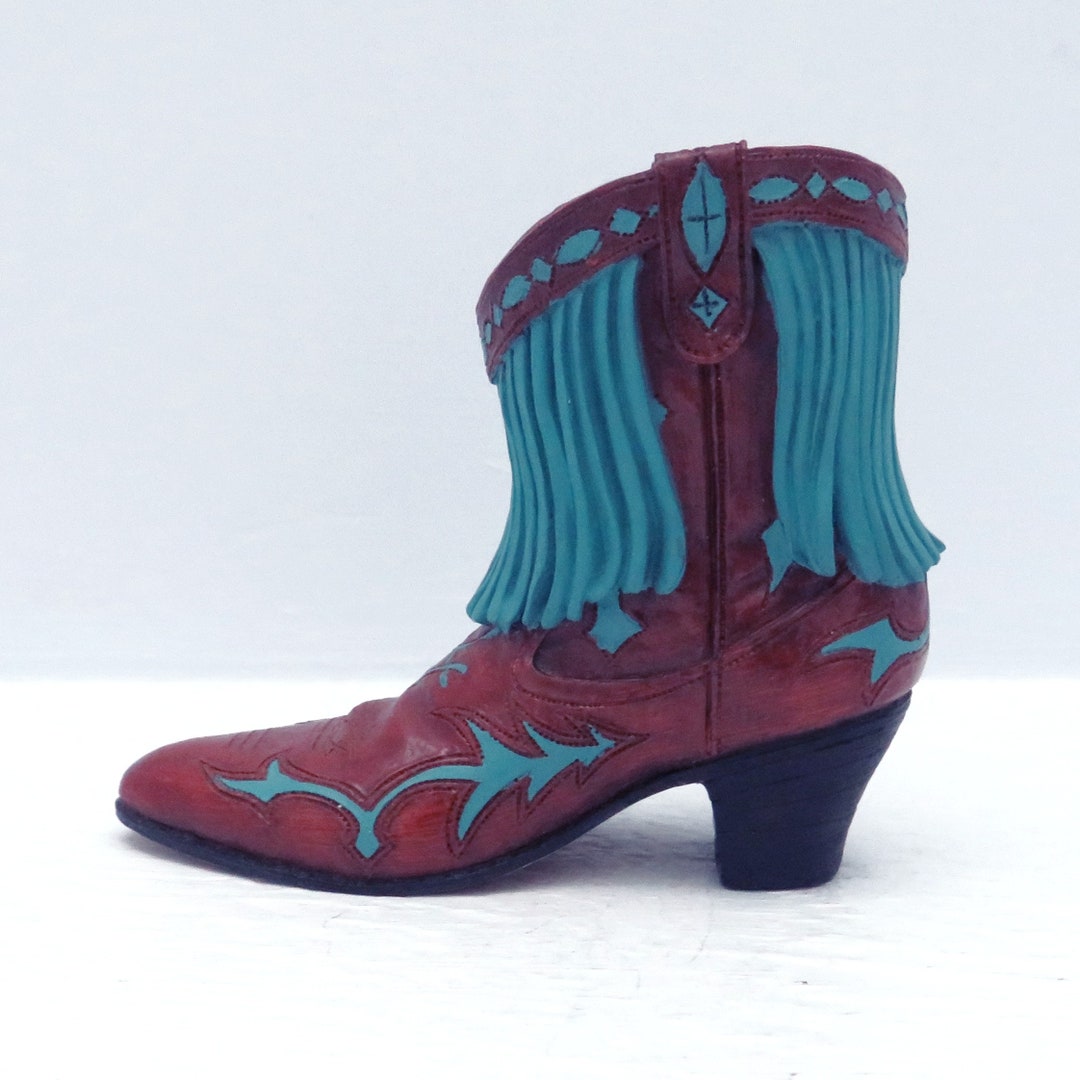 Vintage Resin Brown Cowboy Boot With Turquoise Fringe Figurine / Cowboy ...