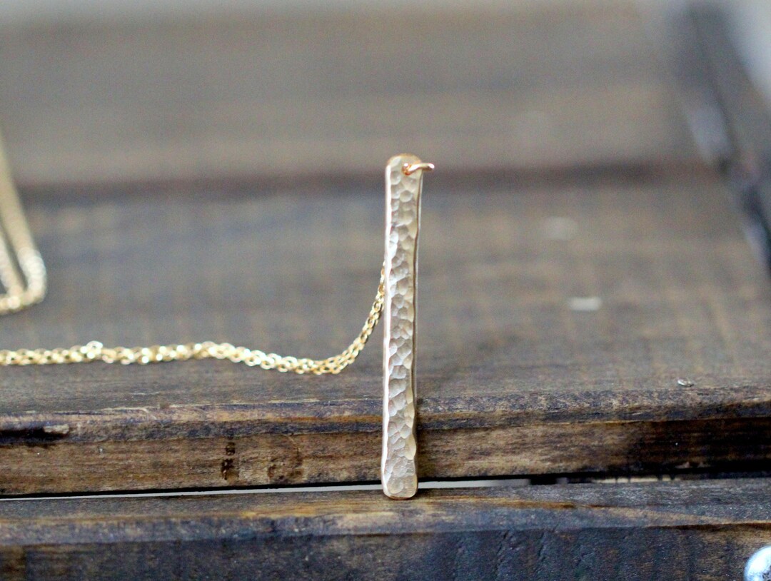 Gold Bar Necklace , Vertical Layering Pendant , Sterling Silver Rose ...