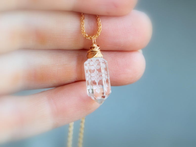 Flower Pendant Necklace, Crystal Point Carved Quartz, Whimsical Jewelry ...